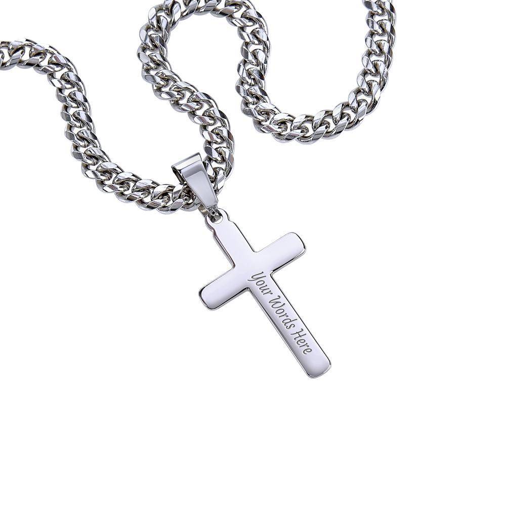 Stainless Steel Engraved Cross Necklace in Cuban Link - MyNameNecklace
