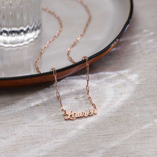 Paperclip Script Name Necklace With Diamond In 18k Rose Gold Plating Mynamenecklace