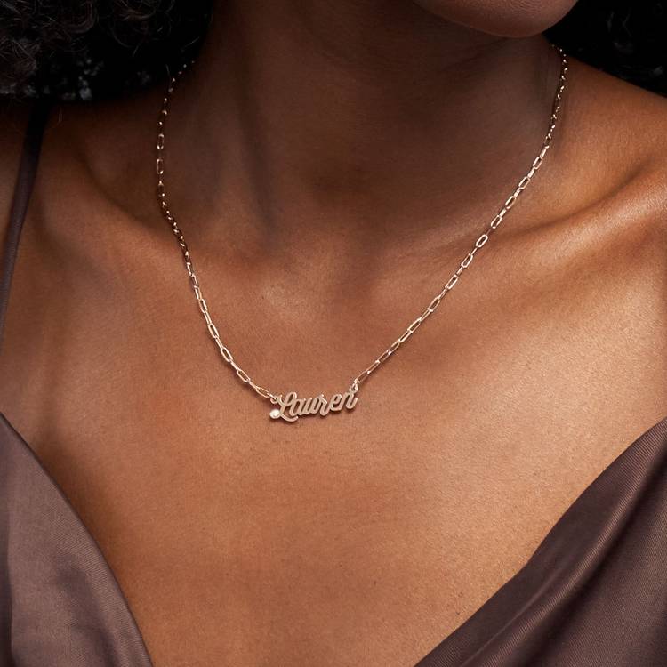 Paperclip Script Name Necklace with Diamond in 18k Rose Gold Plating ...